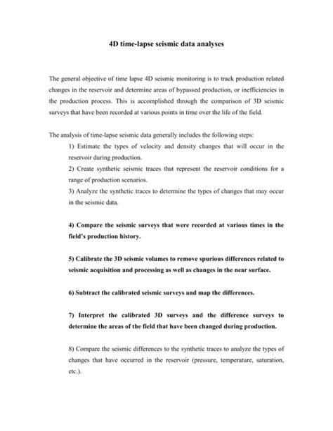 4d Time Lapse Seismic Data Analyses
