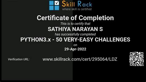Sathiya Narayan On Linkedin Python Skillrack Certificateofcompletion