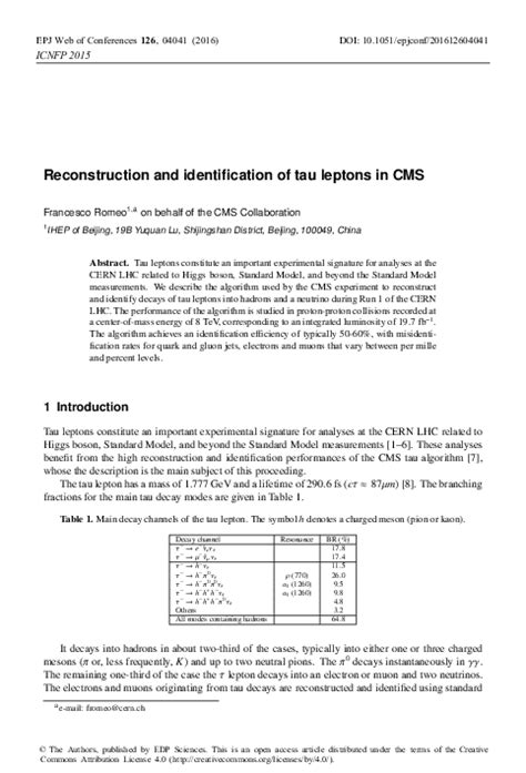 Pdf Reconstruction And Identification Of Tau Leptons In Cms