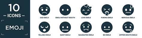 채워진 이모티콘 아이콘 세트입니다 플랫 슬픈 이모티콘 입이 없는 이모티콘 토하는 사랑 신경질적인 고함 조용한 메스꺼움 지퍼 입