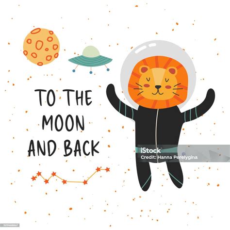 우주에 있는 귀여운 우주 비행사 사자의 손으로 그린 벡터 그림 사자 달 별자리 Ufo 비문이 있는 귀여운 우주 그림 아이들의