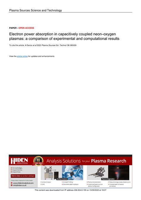 Pdf Electron Power Absorption In Capacitively Coupled Neonoxygen