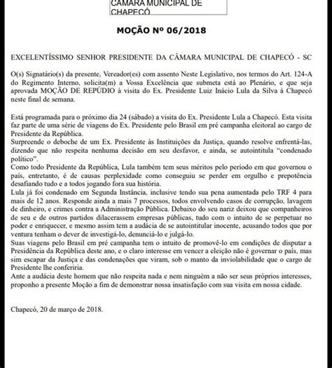 Vereador Apresentou MoÇÃo De RepÚdio Contra A Vinda De Lula À ChapecÓ