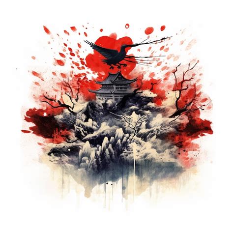 Premium Photo Traditional Chinese Architecture With Red Watercolor