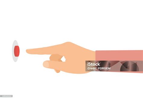 남성 또는 여성의 손의 플랫 디자인 일러스트 검지 손가락이 벽의 빨간색 초인종 버튼을 누릅니다 흰색 배경에 격리 벡터 손에 대한