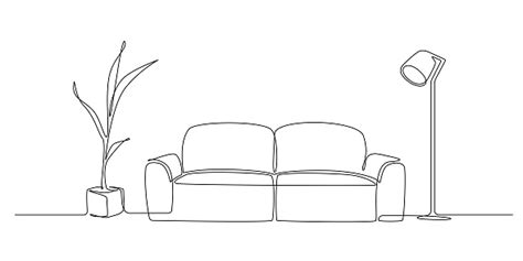 소파와 바닥 램프와 화분에 심은 식물의 연속 한 줄 그리기 로프트 아파트의 거실 인테리어 심플한 리니어 스타일의 현대적인 가구 낙서 벡터 일러스트레이션 0명에 대한 스톡