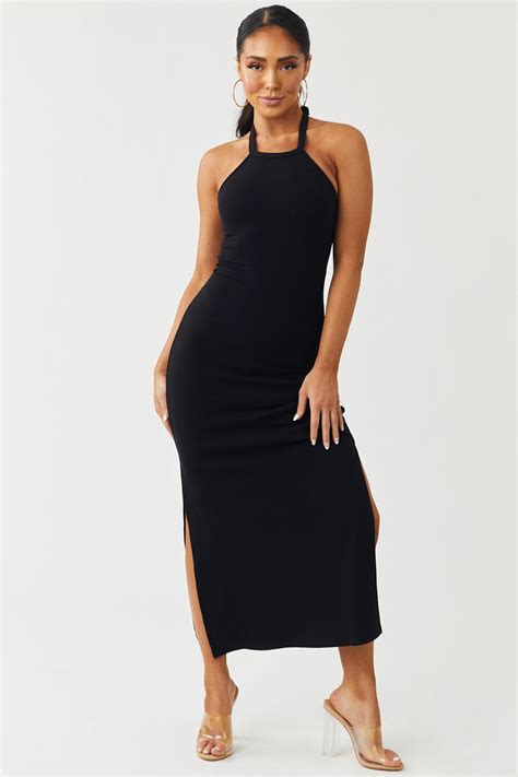 Black Halter Neck Ribbed Knit Midi Dress And Lime Lush