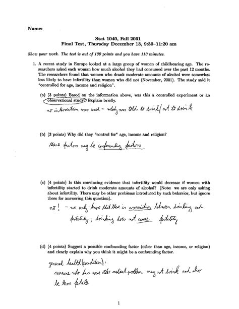 Final Test Solutions Introduction To Statistics Fall 2001 Stat 1040 Docsity