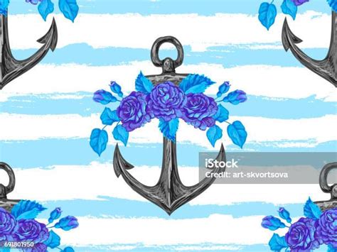 無縫海模式與錨 玫瑰 樹葉玫瑰夏天花藝設計向量背景完美的壁紙 圖案填充 網頁背景 表面紋理 紡織向量圖形及更多俄羅斯文化圖片 Istock