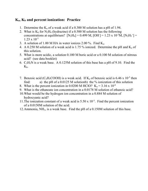 Ka Kb And Percent Ionization Practice Problems