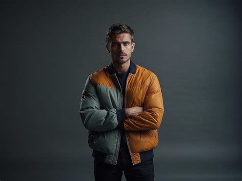A Man With A Jacket Leaning Against A Surface With Arm 21 Premium Ai