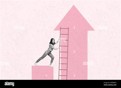 Creative Trend Collage Of Funny Female Hold Ladder Career Arrow Point
