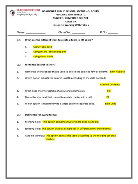 Class 5 Ch 3 Working With Tables Answer Key Pdf