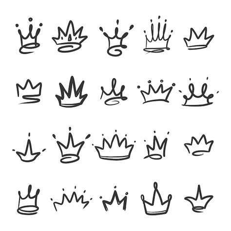 Doodle Roi Reine Couronne Dessinés à La Main Logo Noir Ensemble Vecteur
