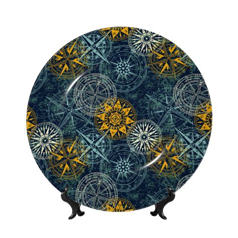 Yiaed Vintage Compass Print Bone China Decorative Plate Ceramic Dinner Plates Art Crafts With