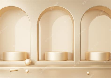 제품 최소 프레젠테이션 화장품 스탠드 배너 쇼케이스 3d 렌더 일러스트레이션을 위한 플랫폼 받침대가 있는 금색 배경의 추상 빈 연단 프리미엄 사진