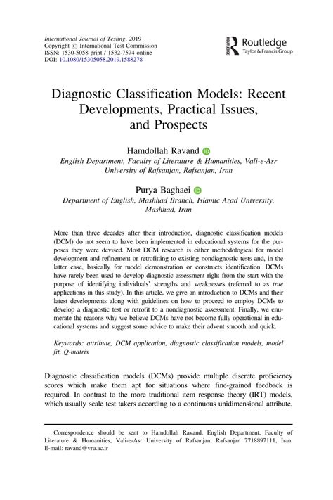 Pdf Diagnostic Classification Models Recent Developments Practical Issues And Prospects