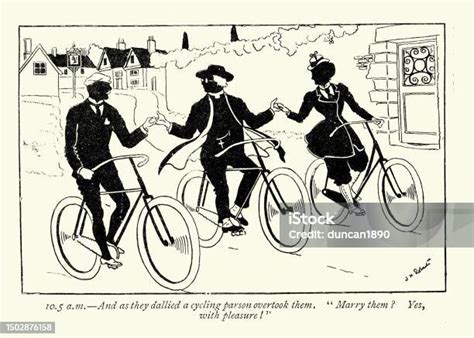 자전거를 타면서 두 명의 사이클리스트와 결혼하는 Vicar의 실루엣 스케치 빅토리아 시대 사이클링 사이클리스트 1890년대 19세기 1890 1899 년에 대한 스톡 벡터