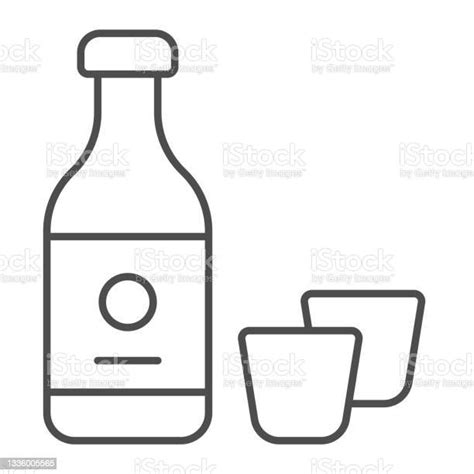 사케 병과 두 잔 알코올 음료 얇은 라인 아이콘 아시아 음식 개념 흰색 배경에 음료 벡터 기호 모바일 개념 및 웹 디자인을위한