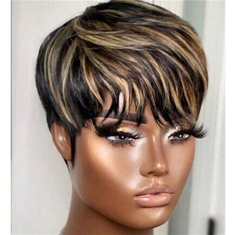 Human Hair Short Wigs For Women Black With Brown Pixie Cut Wig For
