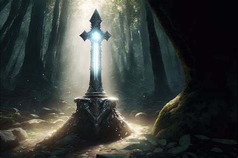 Espada Excalibur Na Pedra Com Raios De Luz Em Uma Floresta Escura