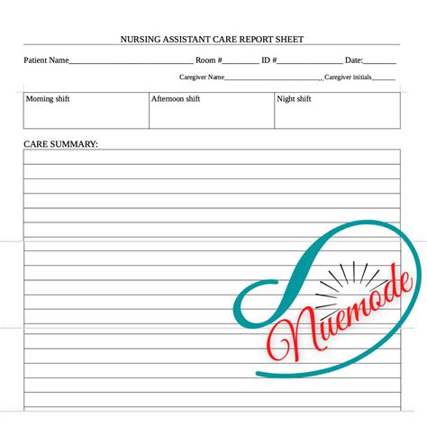 Nursing Assistant Cna Caregiver Report Sheet Document Important