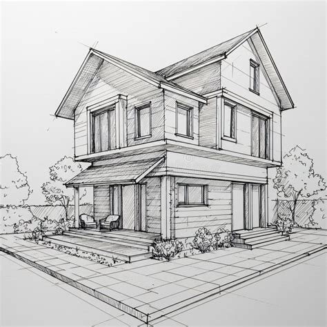Modern House Architectural Sketch Design Drawing Plan Home Two Ink Art Real Yard Line Roof Story