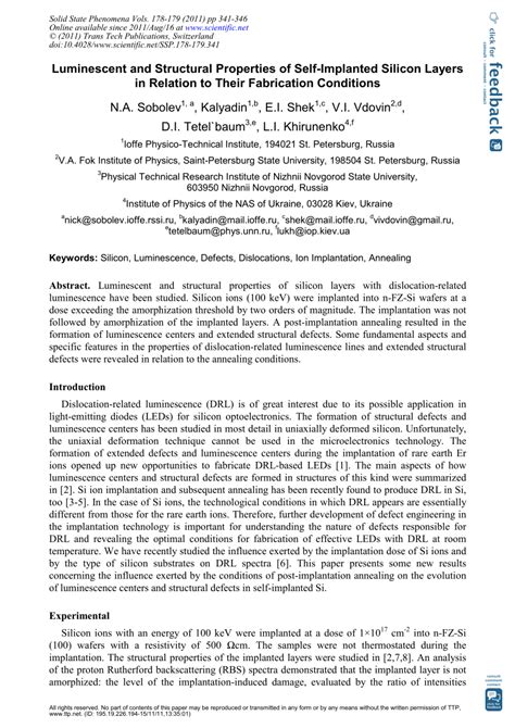 Pdf Luminescent And Structural Properties Of Self Implanted Silicon
