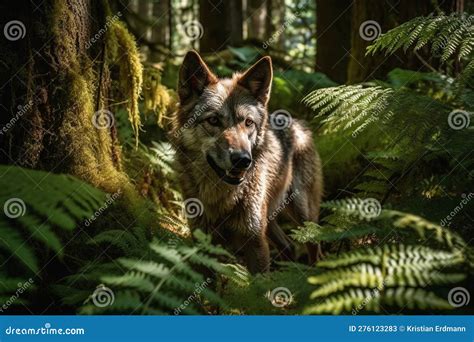 Stealthy Gray Wolf Prowling Through Dense Boreal Forest Ferns Moss