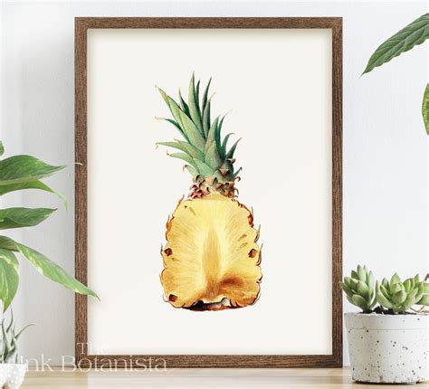 Ananas Druck Vintage Obst Illustration Küchen Wand Kunst gelb