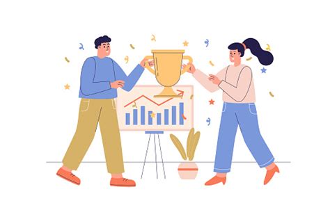 사람들 장면과 비즈니스 상 웹 개념 여자와 남자는 이기고 황금 컵을 들고 목표 성취와 경력 개발을 축하합니다 평면 디자인의 캐릭터 상황 벡터 일러스트레이션