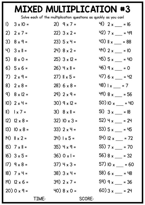 Mixed Times Tables Practice Sheets