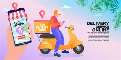 배달 개념 스마트 폰에서 식료품 주문으로 온라인으로 배달하는 남자 전화 평면 디자인 스타일을 통해 소셜 네트워크에서 쇼핑 벡터 그림입니다 개념에 대한 스톡 벡터 아트 및