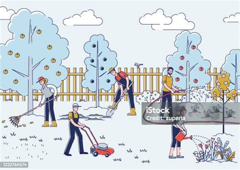 사람들 원예 남자와 여자는 식물을 심고있다 꽃 잔디 깎기 잎을 긁어 재배 및 토양을 급수 농업 과 정원 작업 만화 선형 윤곽선 평면 벡터 일러스트 갈퀴에 대한 스톡 벡터