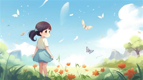 在花丛中玩耍的小女孩插画图片素材下载格式熊猫办公