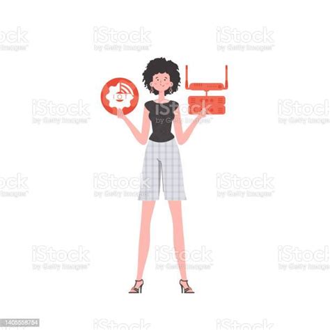 한 여성이 사물 인터넷 로고를 손에 쥐고 있습니다 라우터 및 서버 Iot 및 자동화 개념 격리 플랫 스타일의 벡터