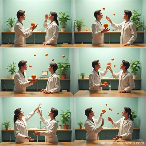 Create A Sequence Of Images Simulating A Person Throwing An Unique Orange To Others Each In A