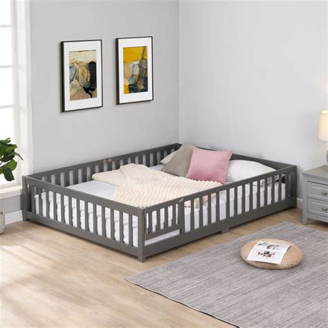Viswild Twin Size Floor Bed With Door Solid Wood Gray Low Profile