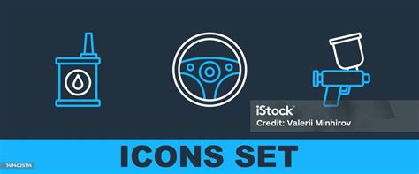 세트 라인 페인트 스프레이 건 엔진 오일 캐니스터 및 스티어링 휠 아이콘 벡터 가솔린에 대한 스톡 벡터 아트 및 기타 이미지