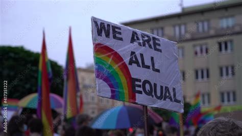 Lgbt Equality March Fight For Lgbtq Rights Rainbow Flags Banners And Masks Struggle For