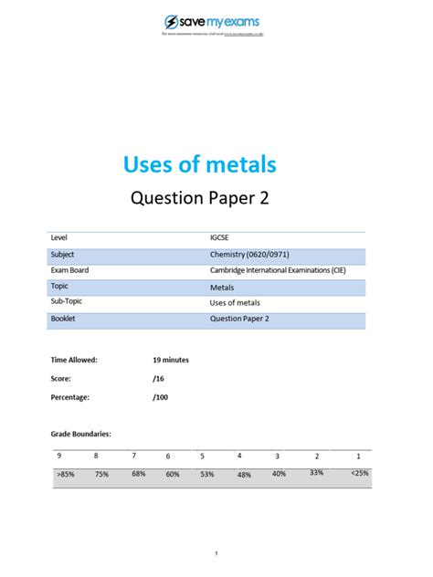 104 Uses Of Metals Topic Booklet 2 Cie Igcse Chemistry Pdf Educational Institutions