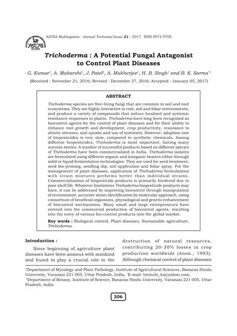 Pdf Trichoderma A Potential Fungal Antagonist To Control Plant Diseases