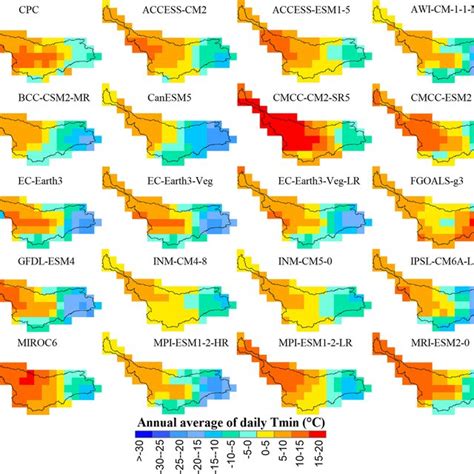 annual average of daily minimum temperature estimated by gcms and cpc
