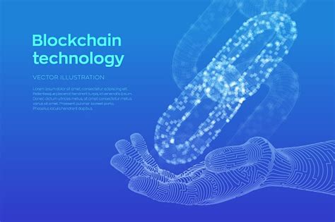 블록 체인 암호화 통화 블록 체인 개념 로봇 손에 디지털 블록이있는 3d 와이어 프레임 체인 편집 가능한 암호 화폐 템플릿 스톡 벡터 일러스트레이션입니다 0명에 대한 스톡