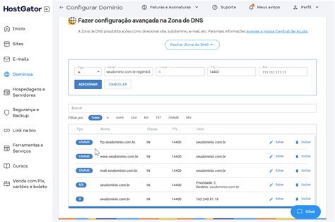 como criar ou alterar um registro a mx txt cname e outros na zona