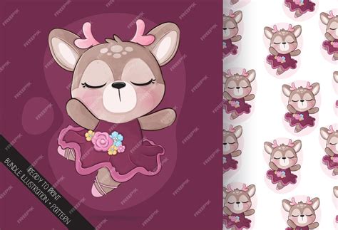 귀여운 예쁜 사슴 발레리나 일러스트 일러스트와 패턴 세트 무료 벡터