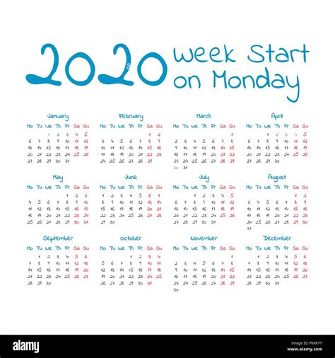 Simple 2020 Year Calendar Week Starts On Monday Stock Vector Image