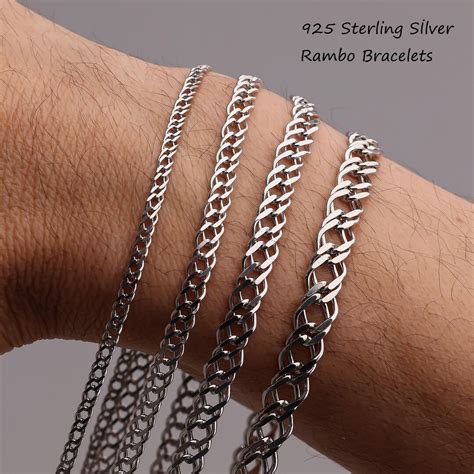 925 Sterling Silver Rambo Chain Bracelet Women Double Curb Solid Long