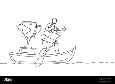 Single Continuous Line Drawing Smart Robot Sailing Away On Boat With