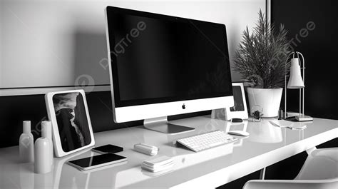 3d 렌더링된 컴퓨터 모니터 모형이 있는 세련된 현대식 책상 데스크탑 컴퓨터 데스크탑 모니터 모형 배경 일러스트 및 사진